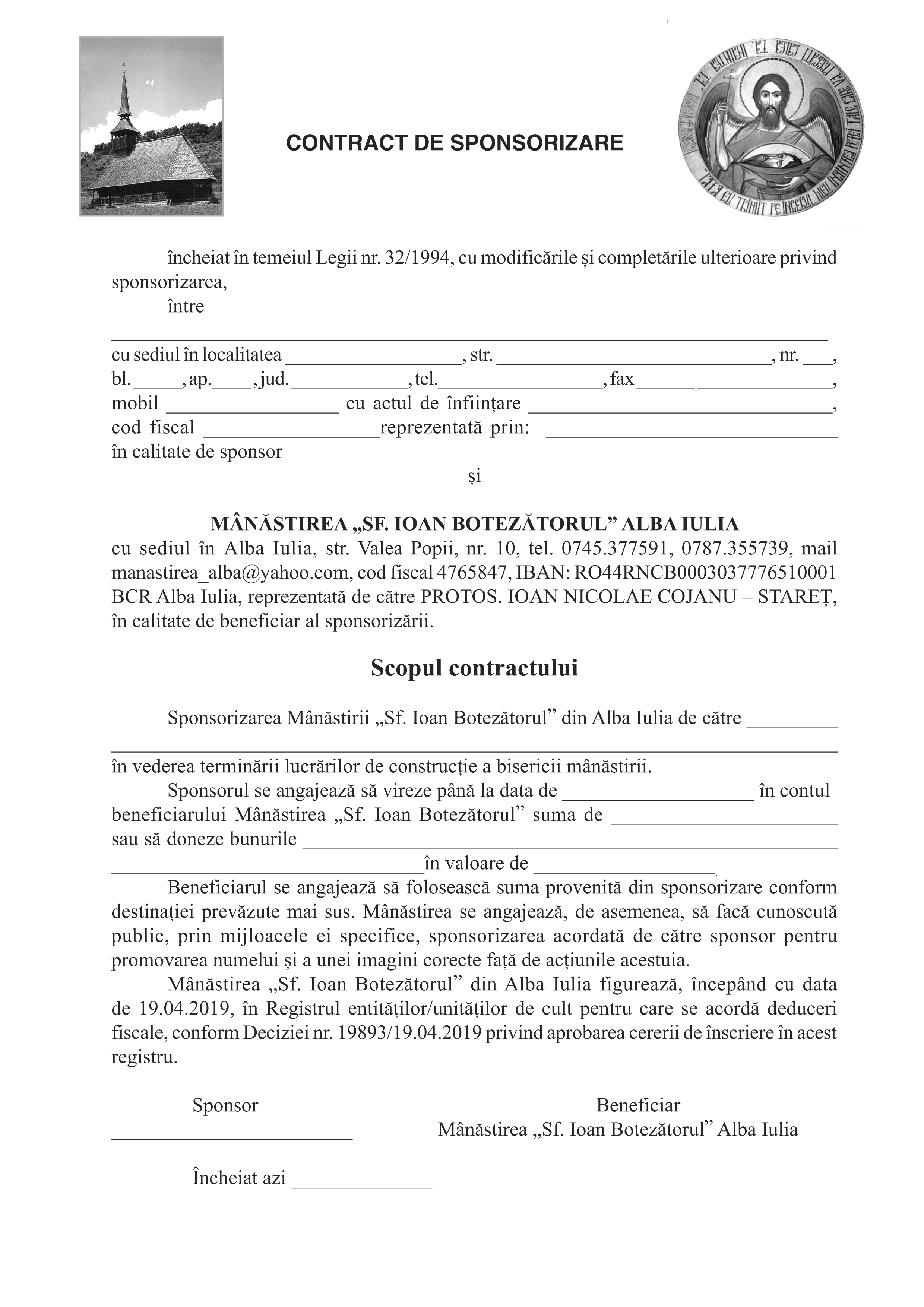 Contract sponsorizare – Mânăstirea "Sfântul Ioan Botezătorul"